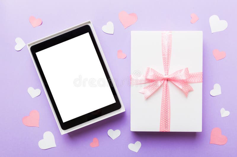 Gift Box of Open Tablet for the Holidays with a Bow Top View Stock ...