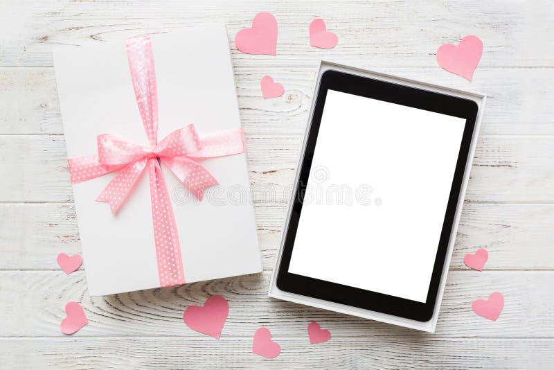 Gift Box of Open Tablet for the Holidays with a Bow Top View Stock ...