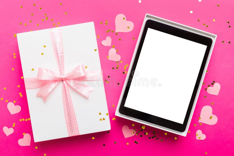 Gift Box of Open Tablet for the Holidays with a Bow Top View Stock ...