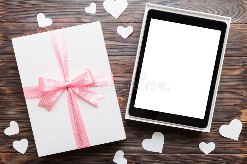 Gift Box of Open Tablet for the Holidays with a Bow Top View Stock ...