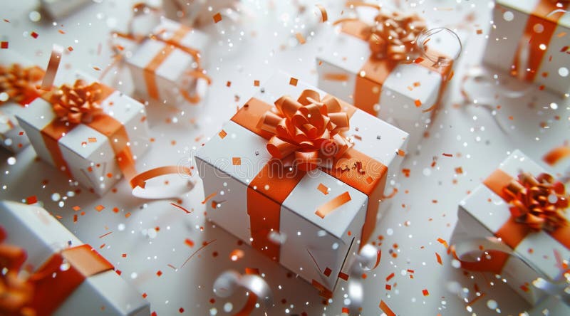 Gift Box with Orange Ribbon and Confetti Stock Photo - Image of wrapped ...