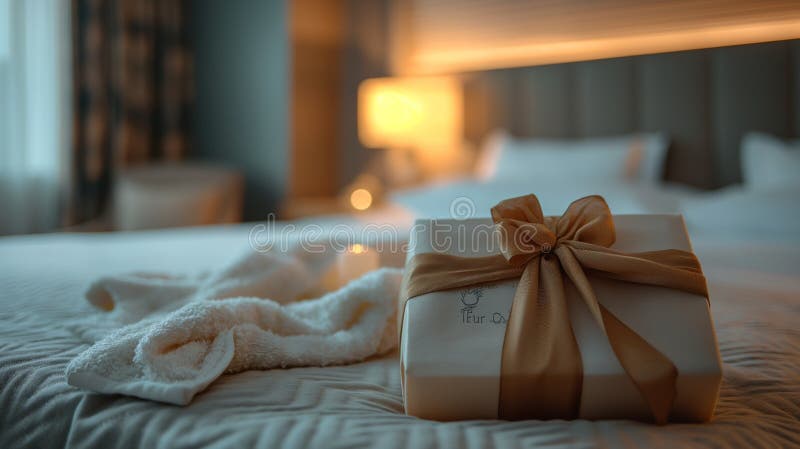 Gift Box Packed and Decorated with a Bow on the Table. Welcome Gift Box ...