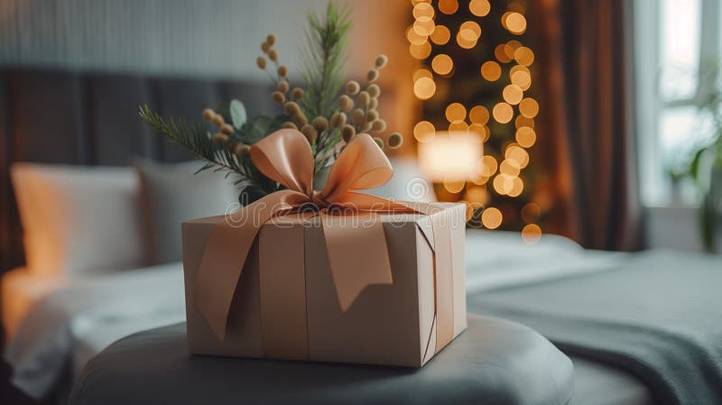 Gift Box Packed and Decorated with a Bow on the Table. Welcome Gift Box ...