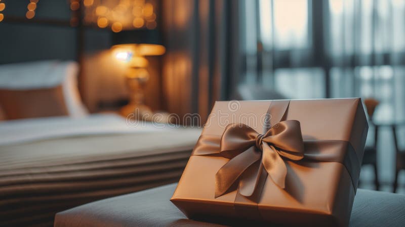 Gift Box Packed and Decorated with a Bow on the Table. Welcome Gift Box ...
