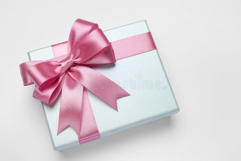 Gift Box with Pink Bow on Light Grey Background, Above View Stock Image ...