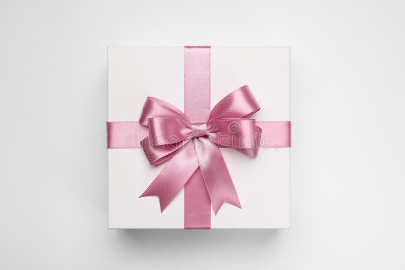 Gift Box with Pink Bow on Light Grey Background, Top View Stock Image ...