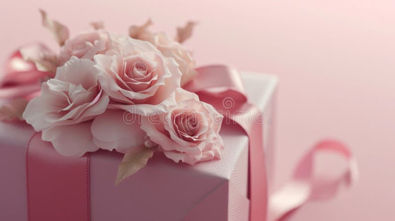 Gift Box with Pink Roses and Ribbon, Romantic and Elegant Concept Stock ...