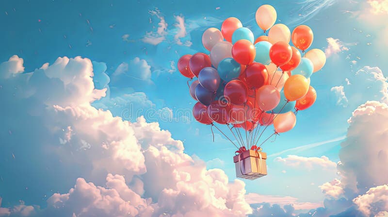 Gift Box Present Flying Picked Up Tied To Balloons Bunch in the Sky ...