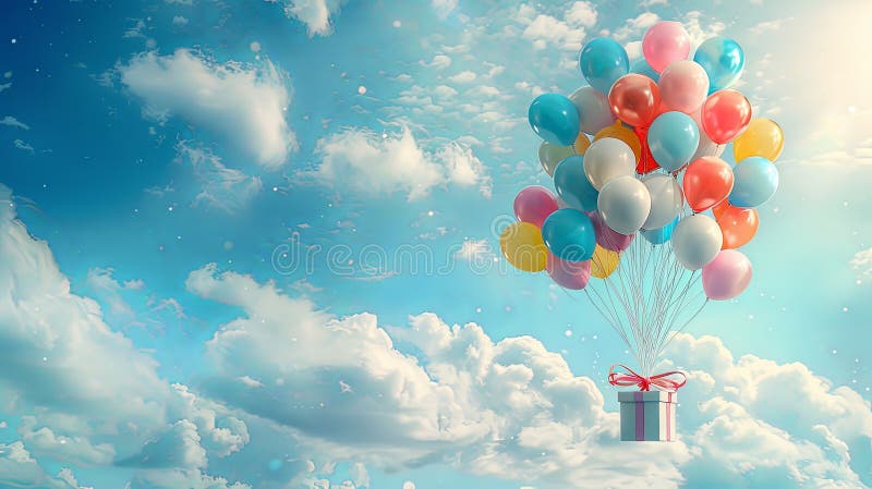Gift Box Present Flying Picked Up Tied To Balloons Bunch in the Sky ...