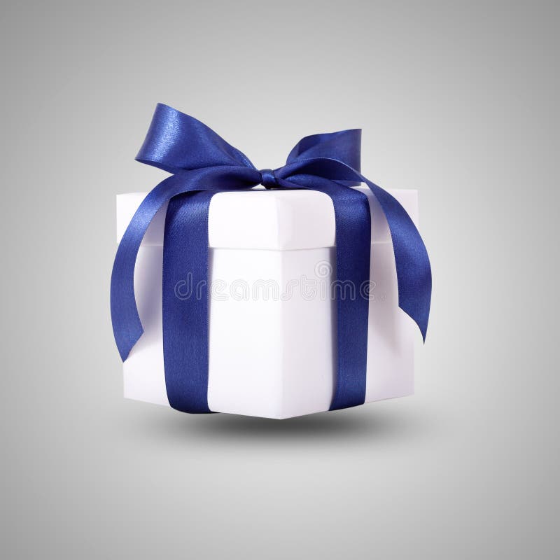 Gift Box, Present Over Grey Background. White Gift Box with Blue Ribbon ...