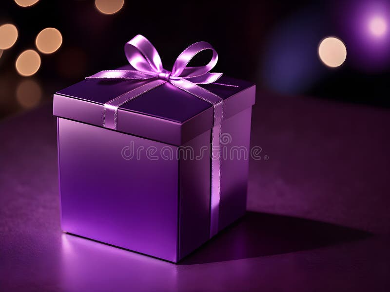 Gift Box in Purple Color with Blurred Lights on Dark Background Stock ...
