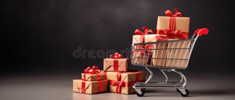 Gift Box with Red Bow and Shopping Cart with Christmas Tree Stock Image ...