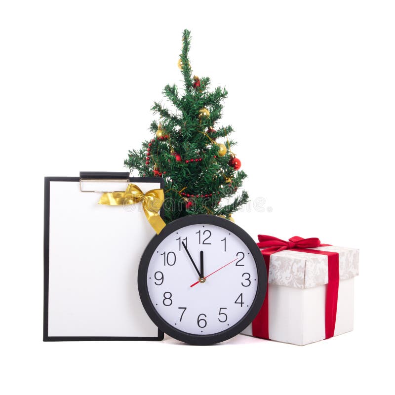 Gift Box with Red Ribbon, Wish List, Christmas Tree and Clock on Stock ...