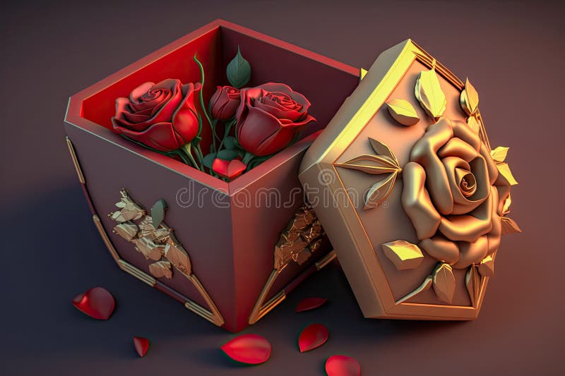 Gift box with red roses stock illustration. Illustration of gold ...