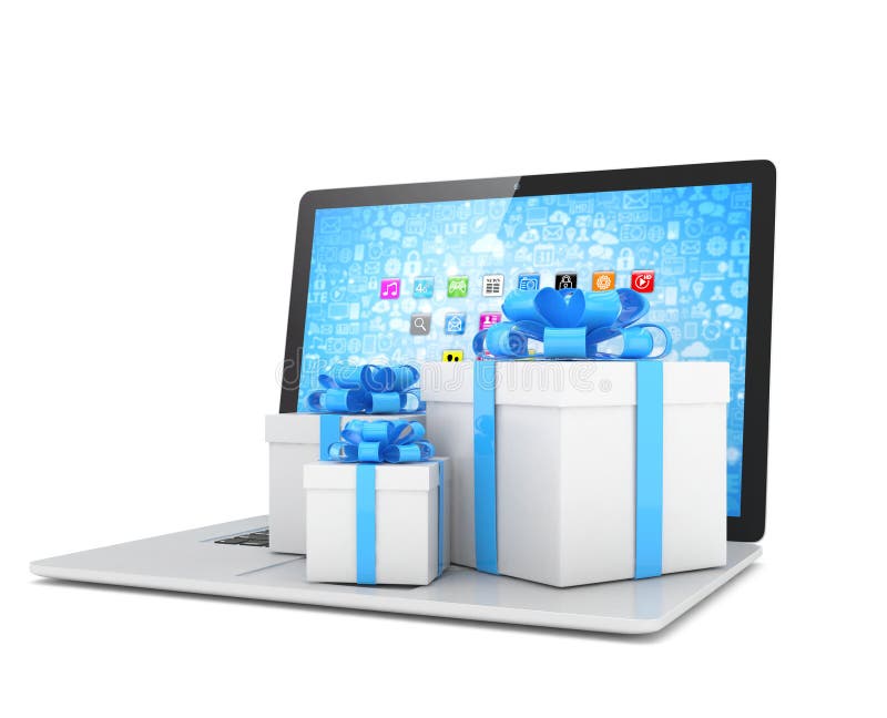 Gift Box with Ribbon Bow on Laptop Stock Illustration - Illustration of ...