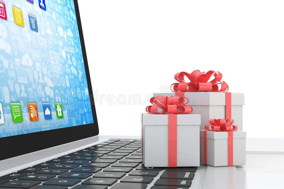 Gift Box with Ribbon Bow on Laptop Stock Illustration - Illustration of ...