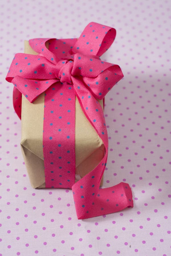 Gift Box with Ribbon and Bow, Pink and Blue Polka Dot Stock Image ...