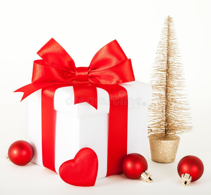Gift Box with Ribbon and Christmas Baubles Stock Photo - Image of ...