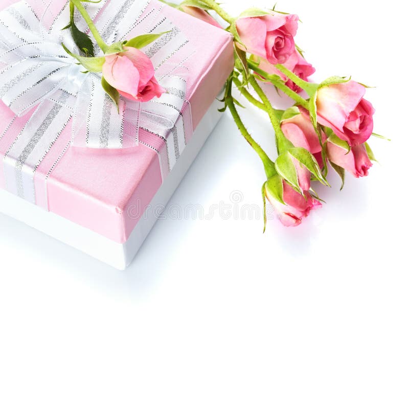 Gift Box with a Silver Bow and Roses Stock Image - Image of ribbon ...