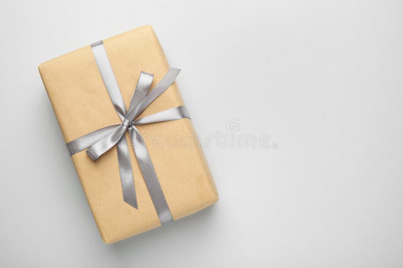 Gift Box with Satin Bow on Grey Background, Top View. Space for Text ...
