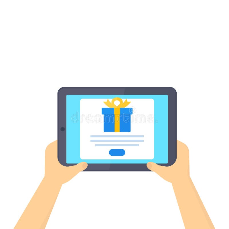 Gift Box on Screen, Tablet in Hands Stock Vector - Illustration of ...