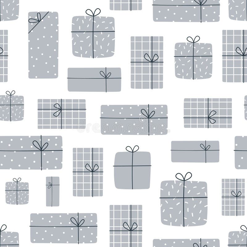 Gift Box Seamless Pattern. Doodle Present Boxes with Bows, Scandinavian ...