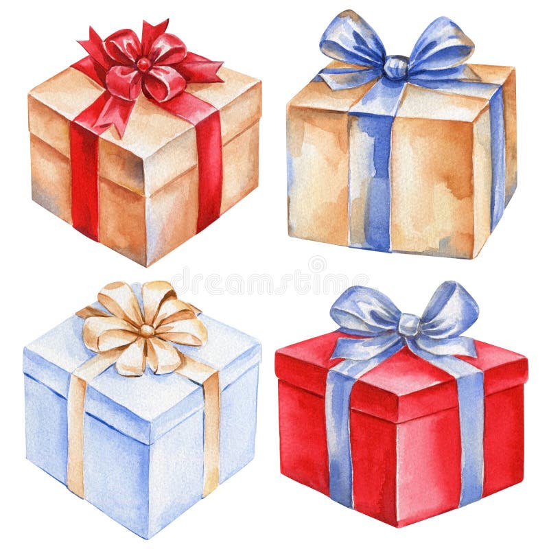 Gift Box Set Isolated, Watercolor Painting Holiday Presents ...