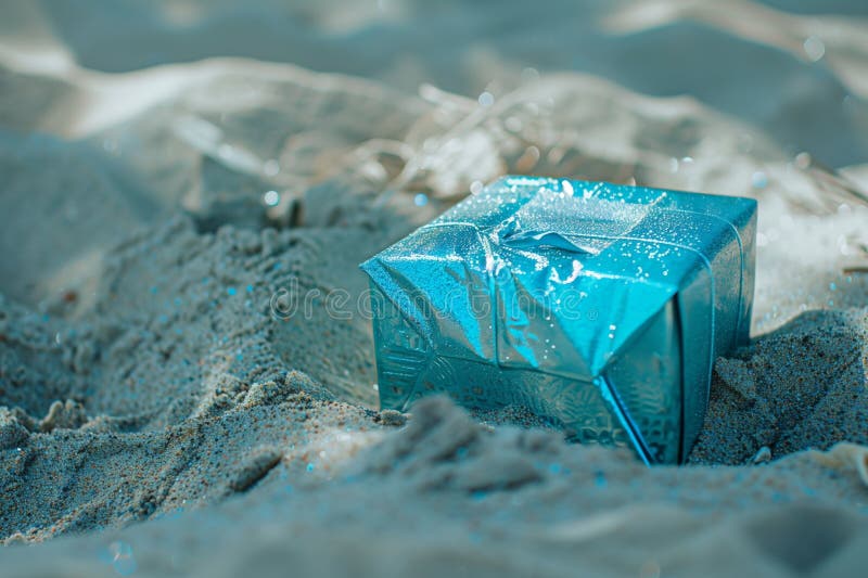Gift Box with Shimmering Blue Wrapping, Halfburied in Sea Sand Stock ...