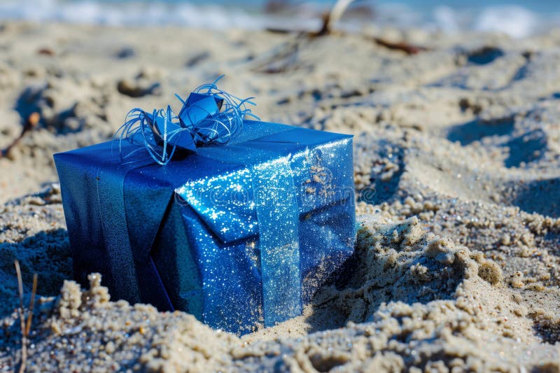 Gift Box with Shimmering Blue Wrapping, Halfburied in Sea Sand Stock ...
