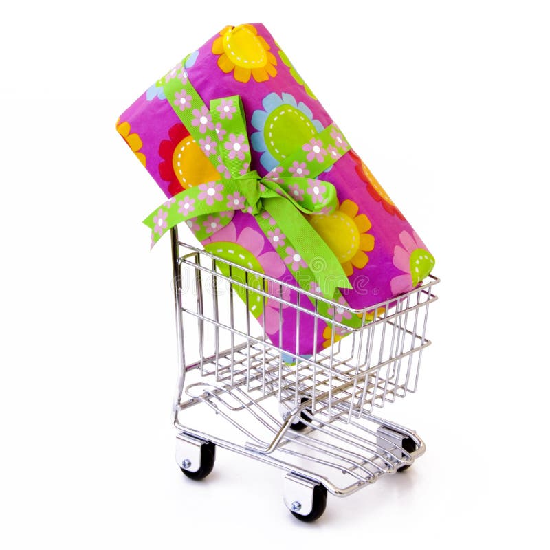 Gift box in shopping cart stock image. Image of green - 11952091