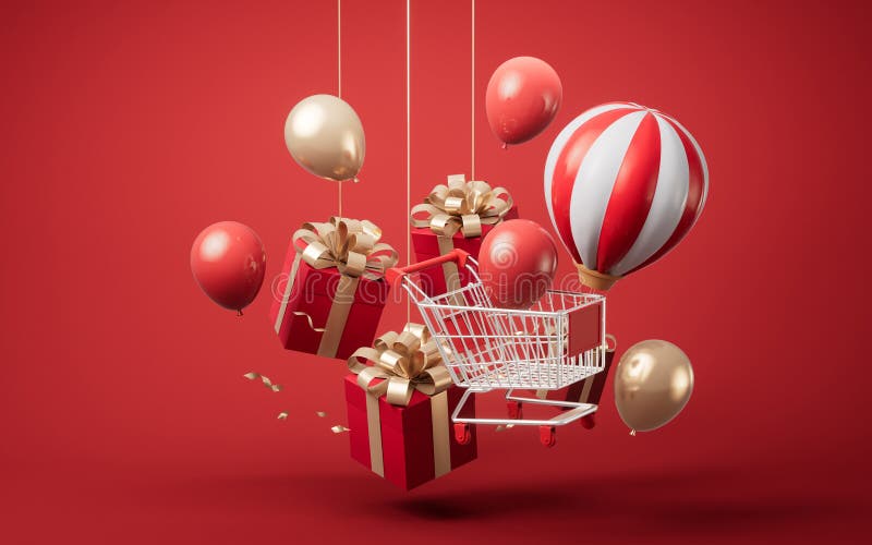 Gift Box and Shopping Cart, 3d Rendering Stock Illustration ...