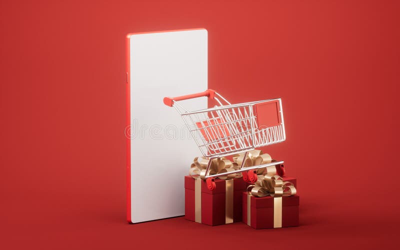 Gift Box and Shopping Cart, 3d Rendering Stock Illustration ...