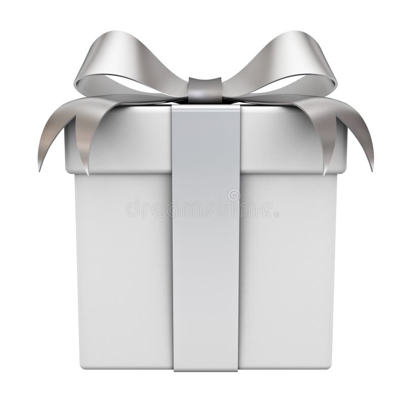 Gift Box with Silver Blue Ribbon Bow and Blank Tag Over White Wall ...