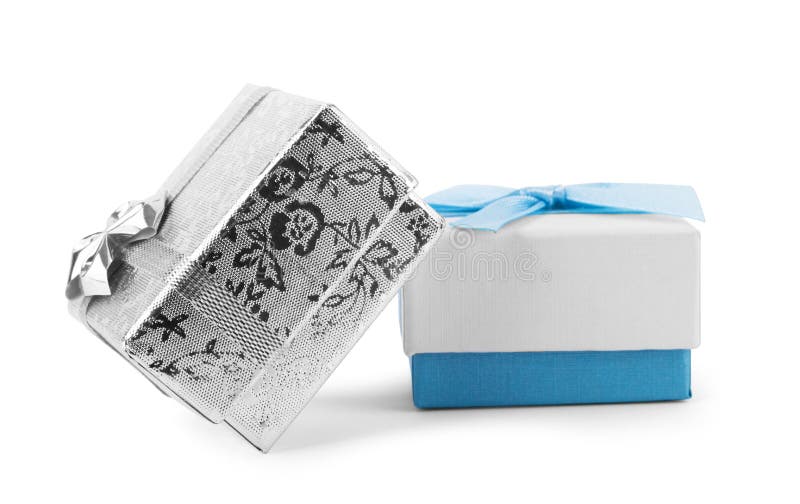 Gift Box with Silver Ribbon Bow and Blank Tag Isolated Over White ...
