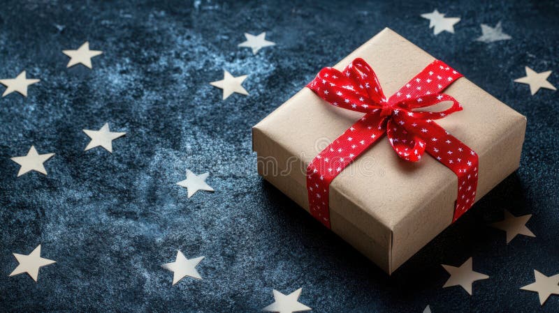 Gift Box and Stars on Black Table for Seasonal Sales Stock Illustration ...