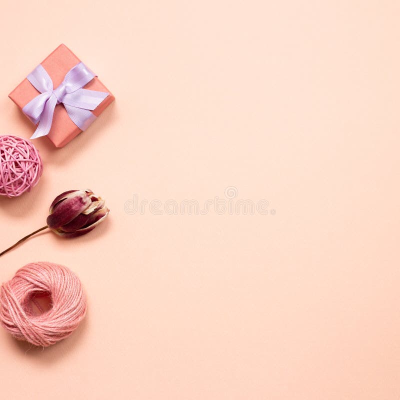 Gift Box and String with Dry Tulip Flower on Pink Background Stock ...