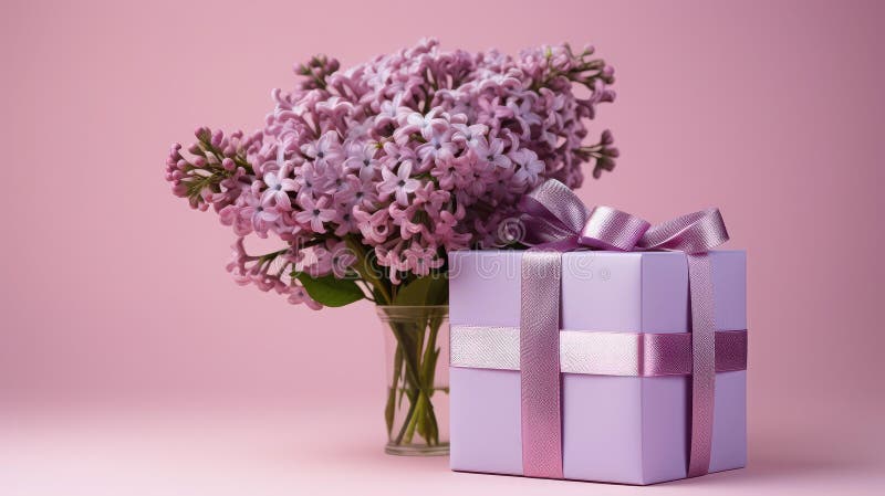 Gift Box Surrounded by Delicate Lilac Branches on a Pastel Pink ...