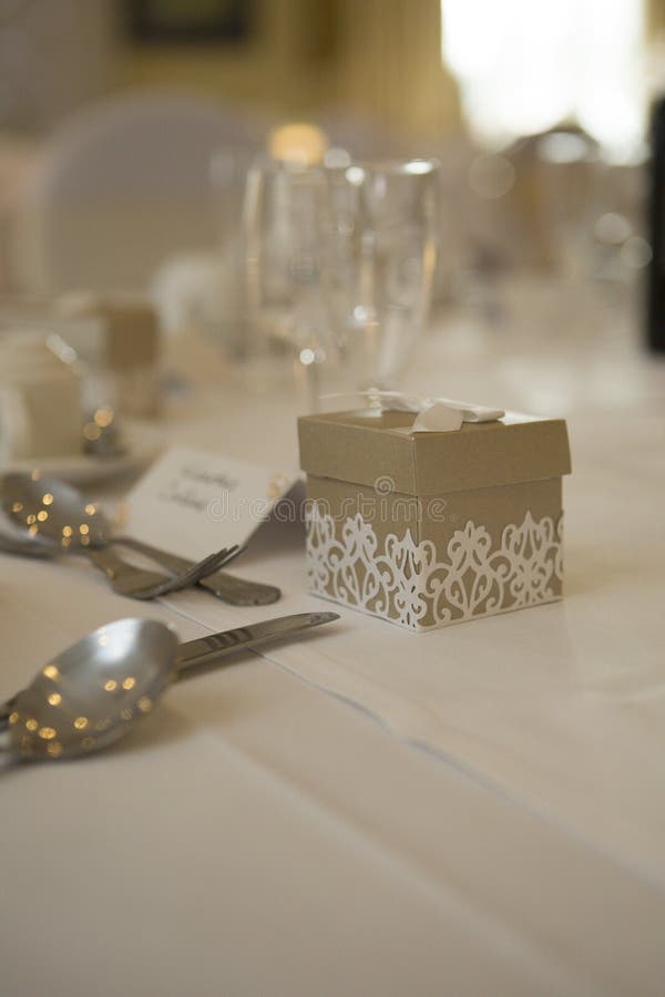 Box on Table Setting at Wedding Stock Photo - Image of wedding, gift ...