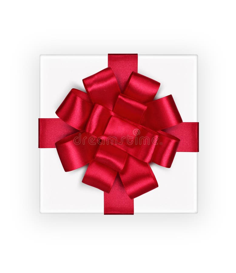 Gift Box, Top View, with Red Ribbon and Bow on White, C Stock Photo ...