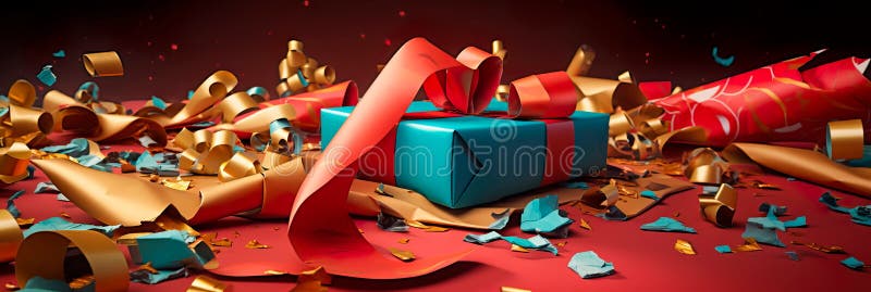 Gift Box with Torn Wrapping Paper, Surrounded by Unopened Wrapping ...
