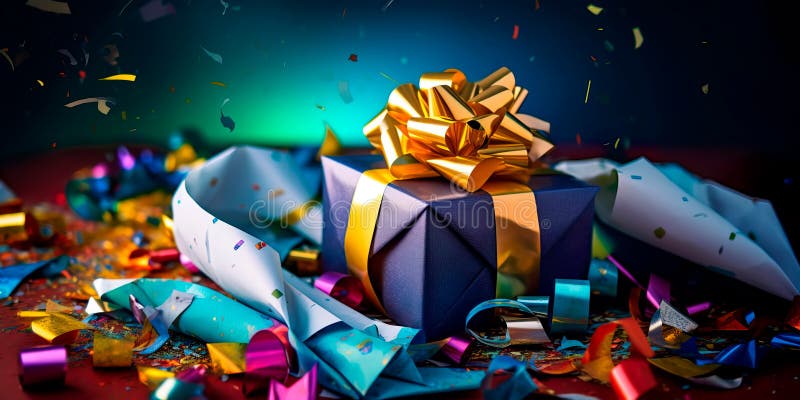 Gift Box with Torn Wrapping Paper, Surrounded by Unopened Wrapping ...