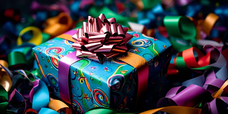 Gift Box with Torn Wrapping Paper, Surrounded by Unopened Wrapping ...