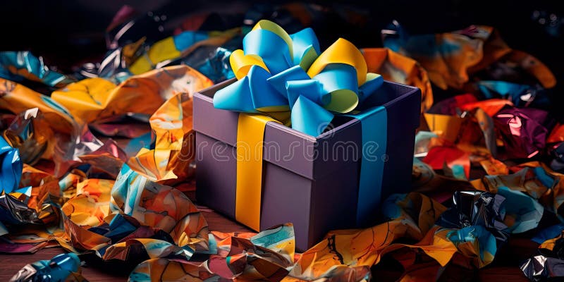 Gift Box with Torn Wrapping Paper, Surrounded by Unopened Wrapping ...