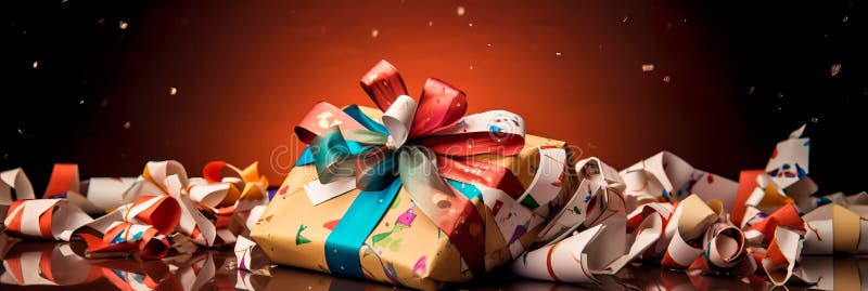 Gift Box with Torn Wrapping Paper, Surrounded by Unopened Wrapping ...