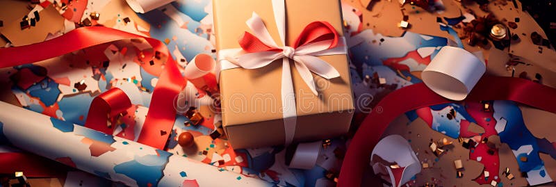 Gift Box with Torn Wrapping Paper, Surrounded by Unopened Wrapping ...