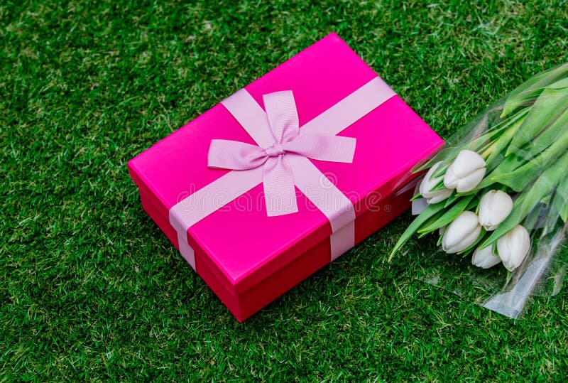 Gift Box and Tulips on Green Grass Lawn Stock Photo - Image of lawn ...