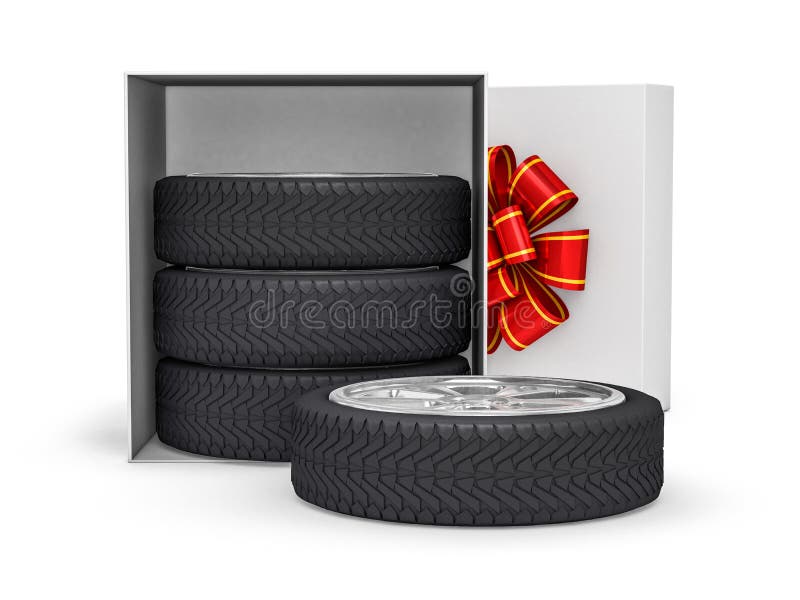 Car Wheels with Big White Gift Box, Black Background. 3D Stock ...