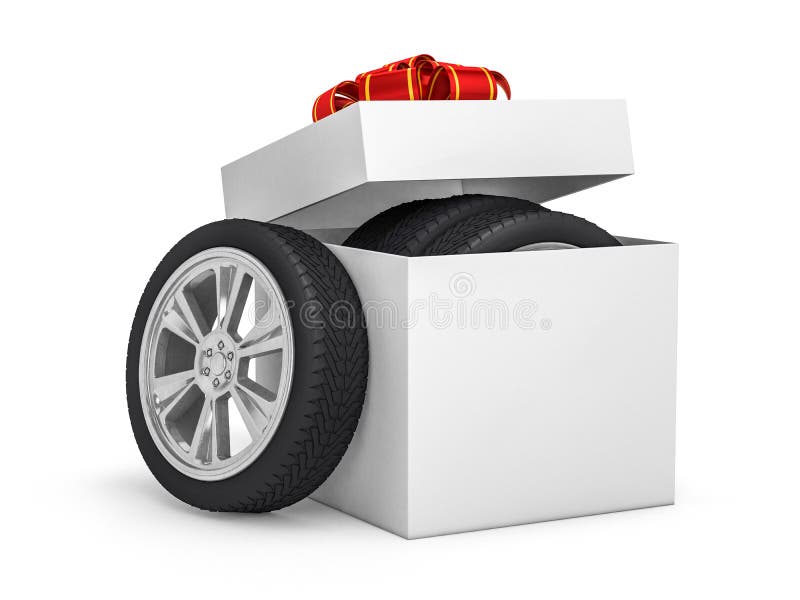 Gift Box with Tyres and Wheels. 3D Stock Illustration - Illustration of ...