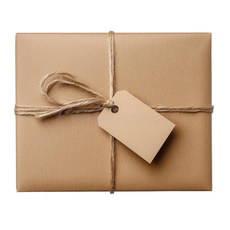 Gift Box Wrapped Blank String Tied, Simply, Label Attached, Positioned on Transparent Background ...