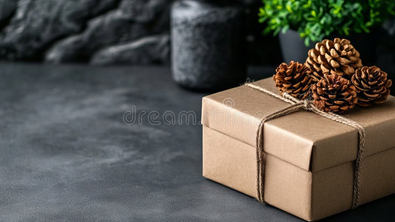 A Gift Box Wrapped in Brown Paper with Pine Cones on Top Stock Photo ...